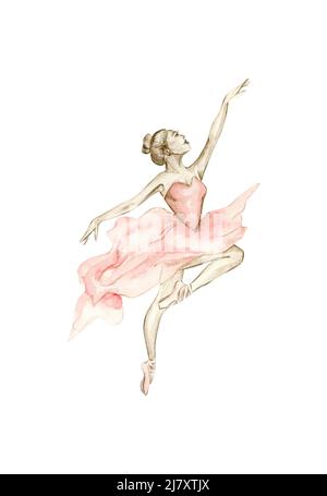 Watercolor dancing ballerina in pink dress. Isolated dancing ballerina ...