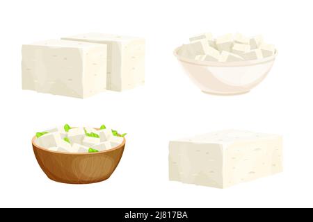 Feta cheese pieces in bowl in cartoon style detailed ingredient ...