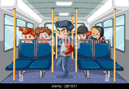 Bus interior with passengers cartoon characters illustration Stock ...