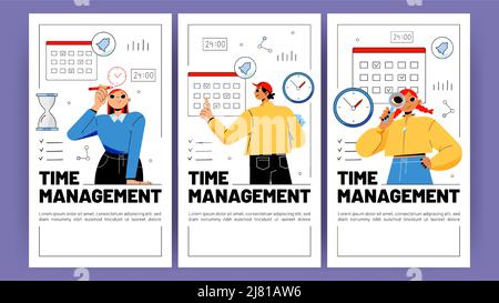 Time management posters with workers, clock and calendar. Vector ...