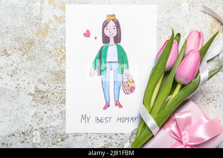 Picture with text MY BEST MOMMY, tulips, croissant and cup of coffee on ...