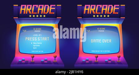 Arcade computer game over interface composition with gaming screen and player menu with level ...
