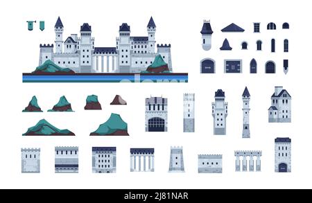 Medieval castle constructor. Old bastion, cartoon ancient tower creator ...