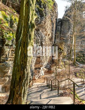 Hiking trail Malerweg below the Bastei at the Saxon Switzerland ...