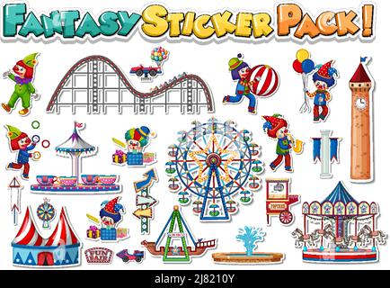 Sticker set of amusement park objects and cartoon characters ...