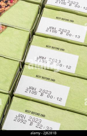 Close shot of food Best Before End date / BBE on cardboard boxes of ...