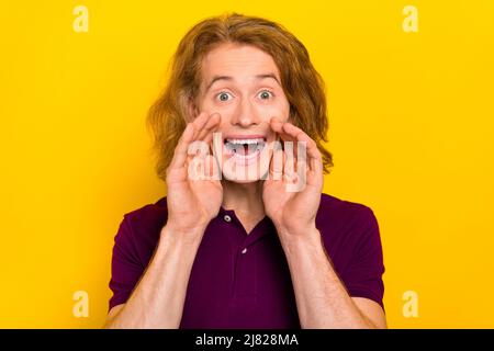 Photo of funny red hairdo millennial lady hold look empty space wear ...