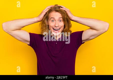 Portrait of impressed nice person hands hold pile stack giftbox pouted ...