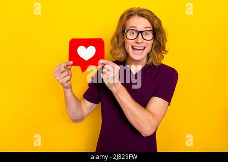 Photo of funny red hairdo millennial lady hold look empty space wear ...