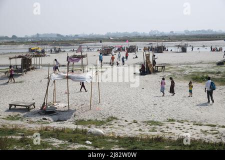 Shallow riverbed of the holy Ganges in scorching summer near Sarsaiya ...