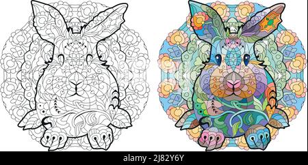 Spring rabbit on mandala. Coloring page for adult and children. Easter ...