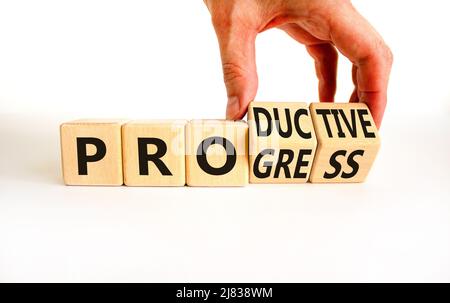 Word progress and productive symbol. Businessman turns cubes and ...