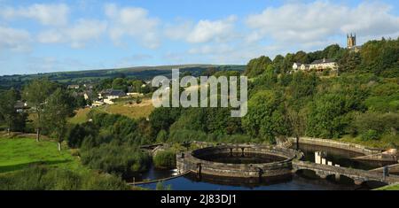 Bottoms Reservoir and river Etherow with village of Tintwistle in ...