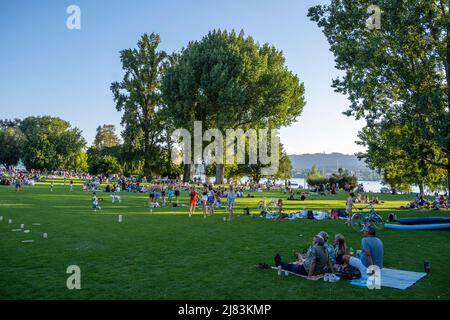 Lake Zurich shore, bathers relaxing in the evening, Blatterwiese ...