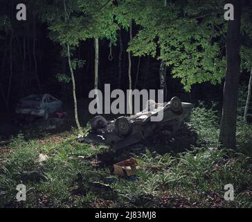 spooky night forest with car frame . 3d illustration Stock Photo - Alamy
