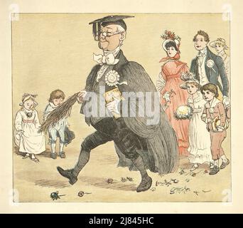 Old style, English headmaster with mortar board and flexing his cane ...