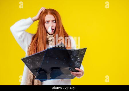 unwell redhaired ginger woman runny nose wearing knitted sweater and ...