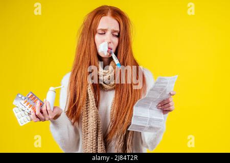 unwell redhaired ginger woman runny nose wearing knitted sweater and ...