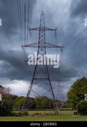 Power cable pylons in the Sussex countryside in black and white Stock ...
