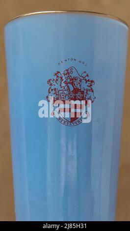 Crest of Denton Urban District Council on back of blue glass tumbler ...
