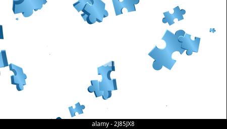 Image of blue puzzle pieces falling over globe on white background ...