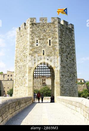 Besalu castle tower with pro-independence flag, Girona, Catalunya ...