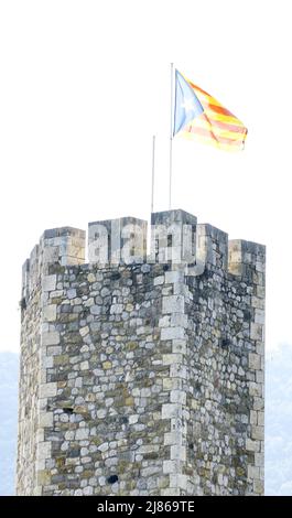 Besalu castle tower with pro-independence flag, Girona, Catalunya ...