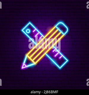 Ruler and pencil neon light icon. Glowing sign. Drawing and drafting ...