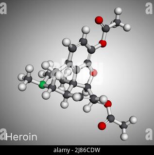 Heroin, diamorphine. Chemical formula, molecular structure. 3D ...