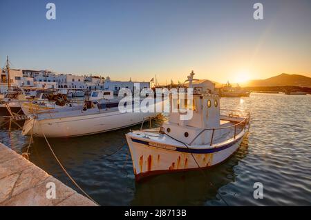 The little port of Naousa village in Paros, Cyclades, Greece Stock ...