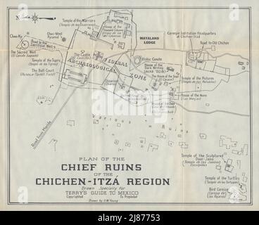CHICHEN-ITZA. Plan of the Mayan ruins. Mexico 1935 old vintage map ...