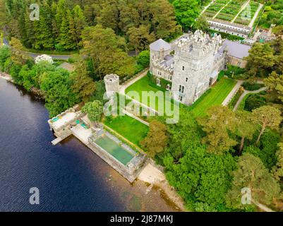 Aerial view of Glenveagh Castle, a large castellated mansion located in ...