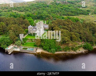 Aerial view of Glenveagh Castle, a large castellated mansion located in ...