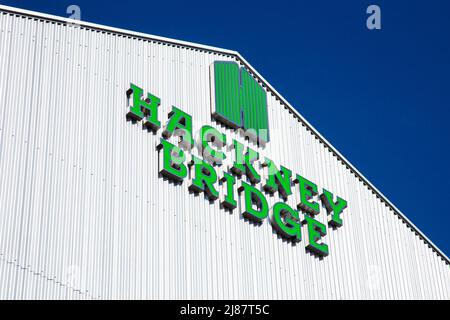 Logo on the Hackney Bridge co-working space, retail complex and street ...