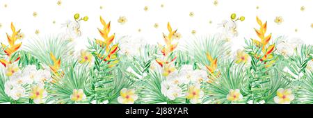 Tropical watercolor exotic jungle plants, leaves, flowers pastel color ...