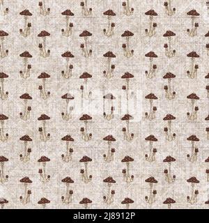 Mushroom seamless hand drawn linen style pattern. Organic fungi natural ...
