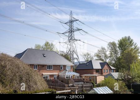 Houses overshadowed by electricity pylons, Llanfoist, Wales, UK Stock ...