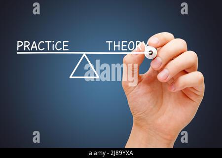 Hand drawing Theory and Practice balance scale concept with marker ...
