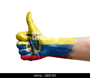 Hand making victory sign, ecuador painted with flag as symbol of ...