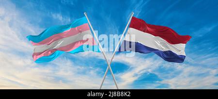 two crossed flags transgender Pride and Saudi Arabia waving in wind at ...