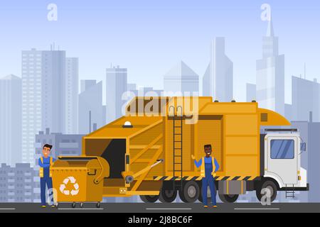 Garbage service workers. Rubbish management employee and waste truck ...