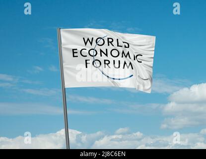 World Economic Forum, WEF, flag waving in the wind. Isolated on white ...