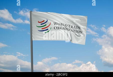 World Trade Organization, WTO flag waving in the wind. Isolated on ...