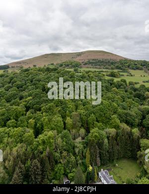 Aerial view of the Skirrid Fawr mountain in the Brecon Beacons, Wales ...