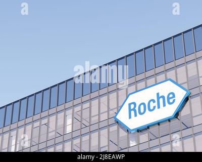Basel, Switzerland. May 2, 2022. Editorial Use Only, 3D CGI. Roche ...