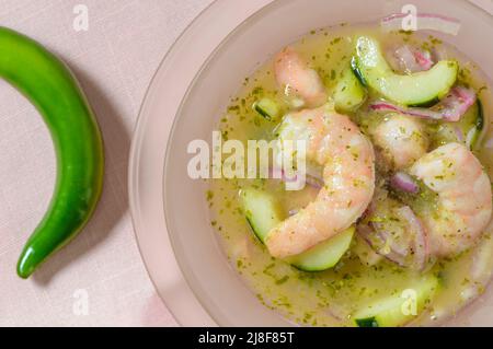 Aguachile, Mexican spicy marinated seafood dish with shrimp Stock Photo ...