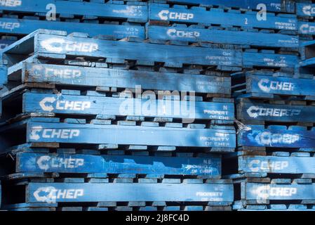 Wooden pallet painted blue Stock Photo - Alamy
