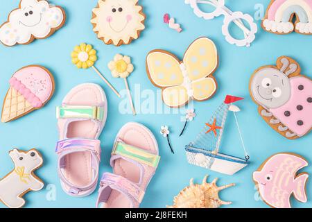 Bright summer background. Cute summer symbols on blue background. Top ...