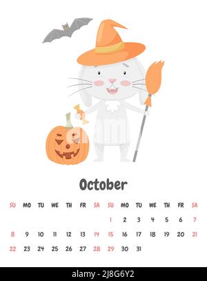 Cute Bunny in witch hat with pumpkin, broom, potion. Happy Halloween ...