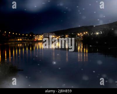 Night river landscape illuminated by bright moonlight with reflection ...